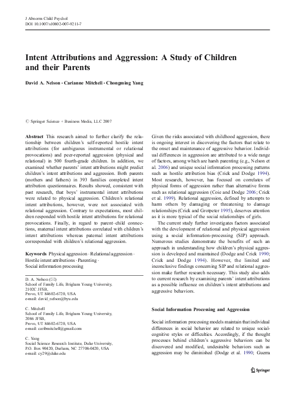 (PDF) Intent Attributions and Aggression: A Study of Children and their ...
