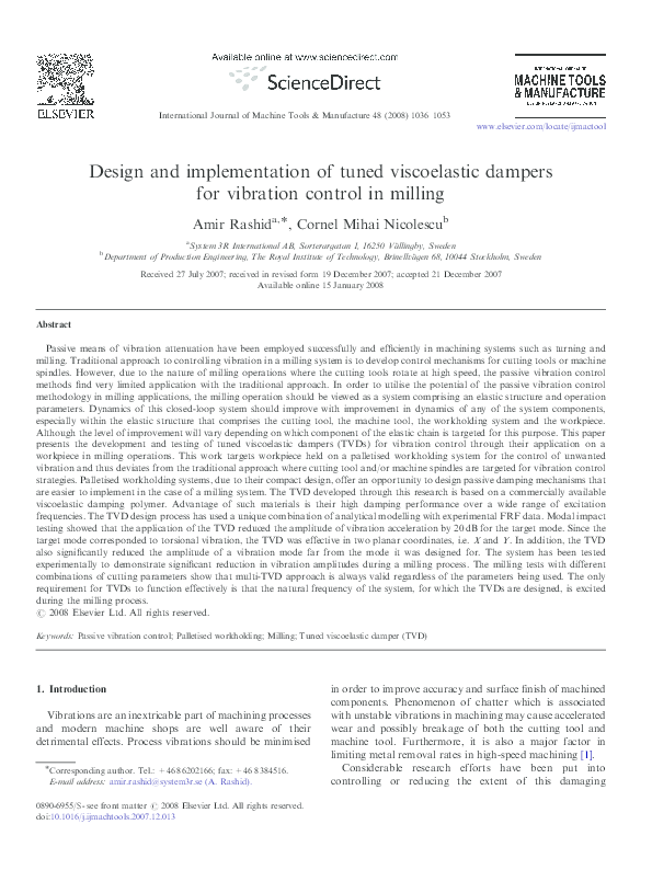 Pdf Design And Implementation Of Tuned Viscoelastic Dampers For Vibration Control In Milling