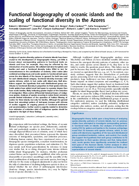 (PDF) Functional biogeography of oceanic islands and the scaling of ...
