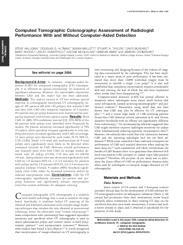 (PDF) Computed Tomographic Colonography: Assessment of Radiologist Performance With and Without ...
