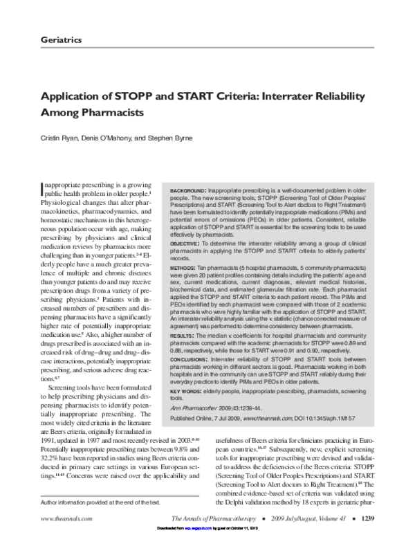 (PDF) Application of STOPP and START Criteria: Interrater Reliability ...