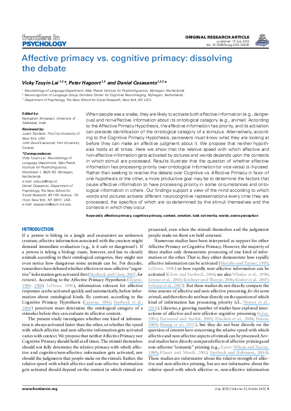 (PDF) Affective Primacy vs. Cognitive Primacy: Dissolving the Debate