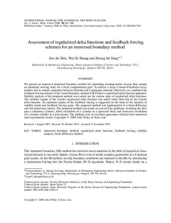 (PDF) Assessment of regularized delta functions and feedback forcing schemes for an immersed ...