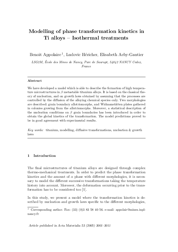 (PDF) Modelling of phase transformation kinetics in Ti alloys – Isothermal treatments