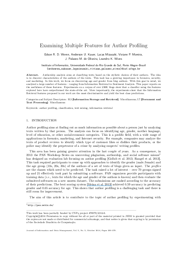 (PDF) Examining multiple features for author profiling