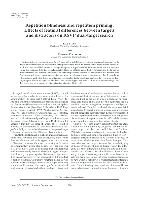 (PDF) Repetition blindness and repetition priming: Effects of featural ...