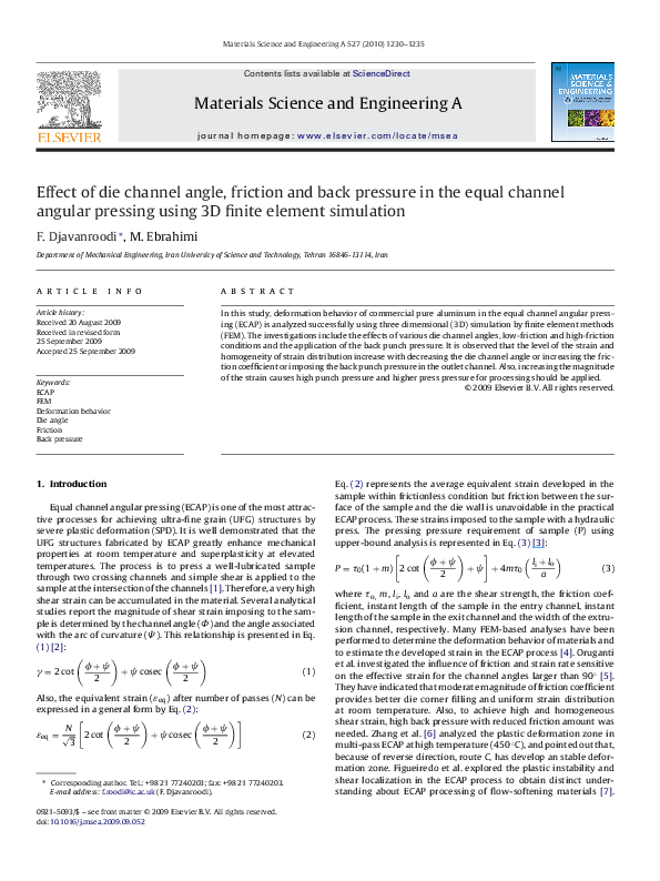 (PDF) Effect of die channel angle, friction and back pressure in the equal channel angular ...