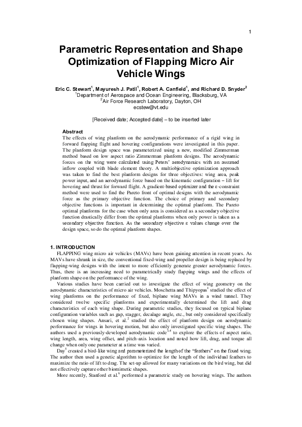 (PDF) Parametric Representation and Shape Optimization of Flapping Micro Air Vehicle Wings