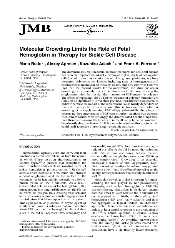 (PDF) Molecular Crowding Limits the Role of Fetal Hemoglobin in Therapy ...