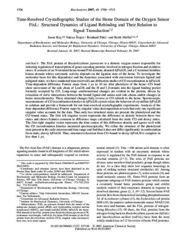 (PDF) Time-Resolved Crystallographic Studies of the Heme Domain of the Oxygen Sensor FixL ...
