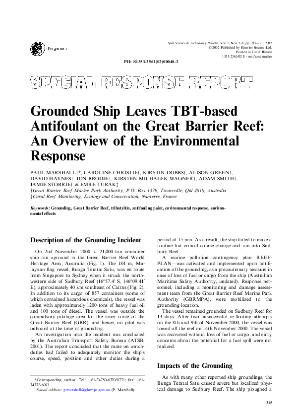 (PDF) Grounded Ship Leaves TBT-based Antifoulant on the Great Barrier ...