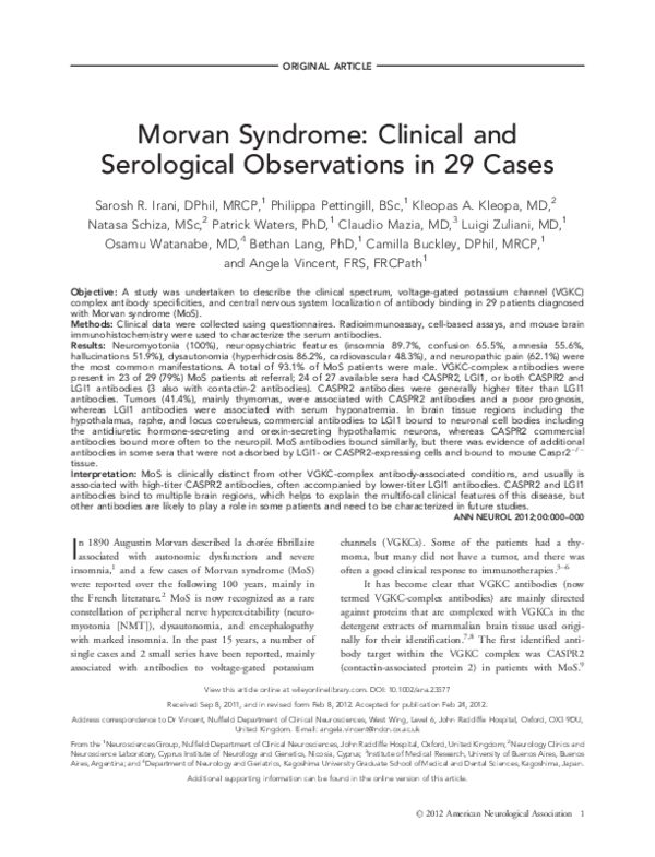 (PDF) Morvan syndrome: Clinical and serological observations in 29 cases