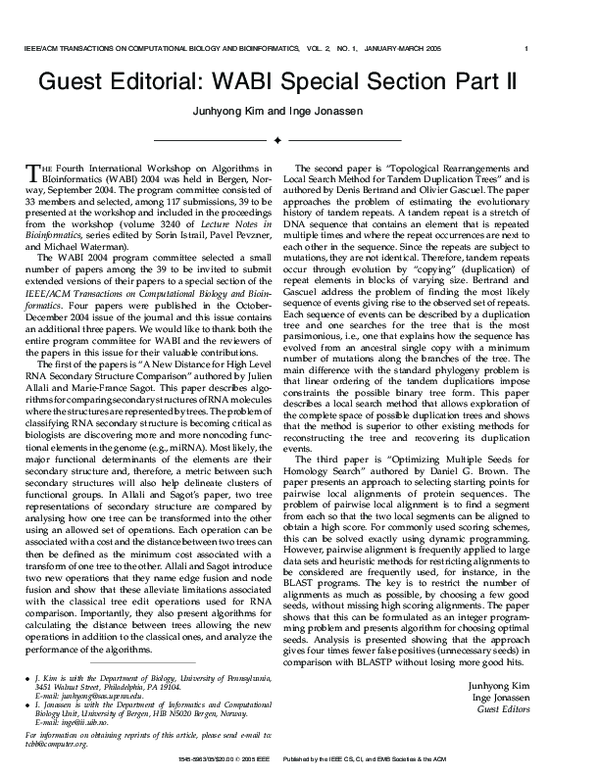 (PDF) Guest Editorial: WABI Special Section Part II