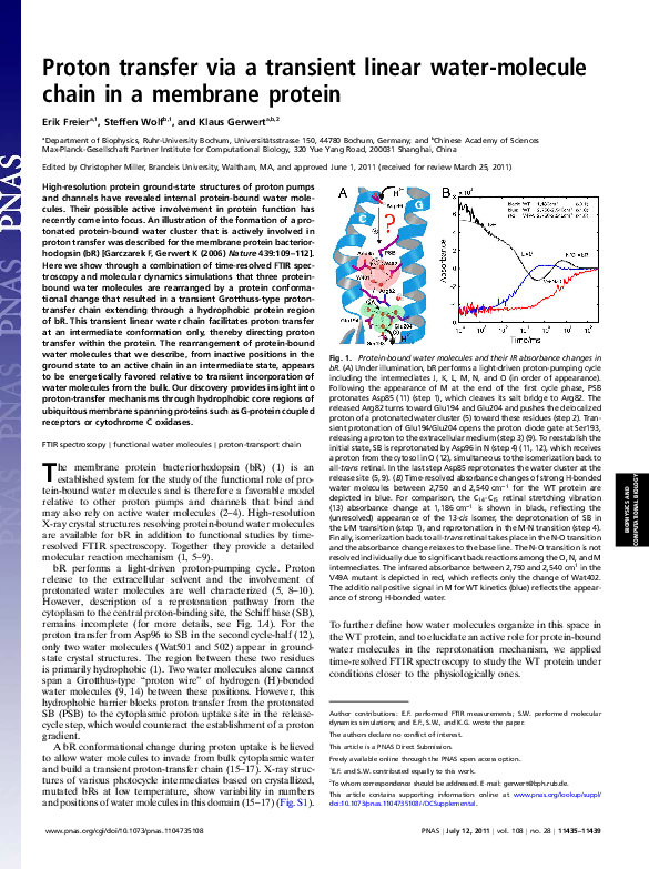 (PDF) Proton transfer via a transient linear water-molecule chain in a ...
