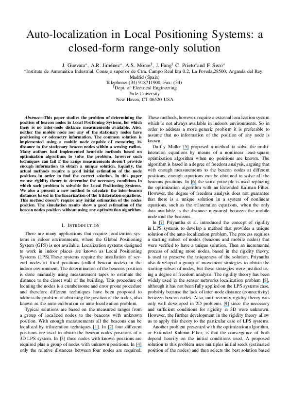 Pdf Auto Localization In Local Positioning Systems A Closed Form Range Only Solution 