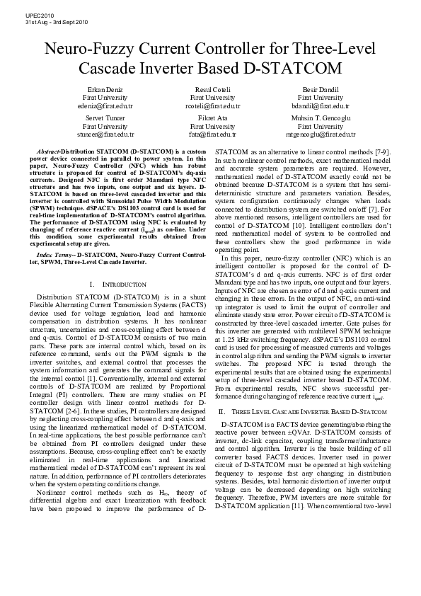 Pdf Neuro Fuzzy Current Controller For Three Level Cascade Inverter Based D Statcom