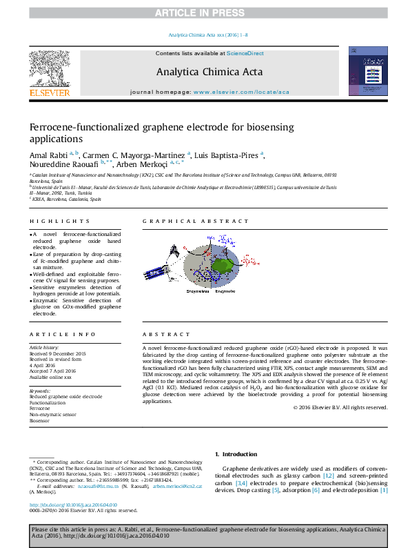 (PDF) Ferrocene-functionalized graphene electrode for biosensing ...