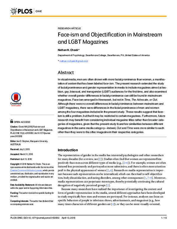 (PDF) Face-ism and Objectification in Mainstream and LGBT Magazines