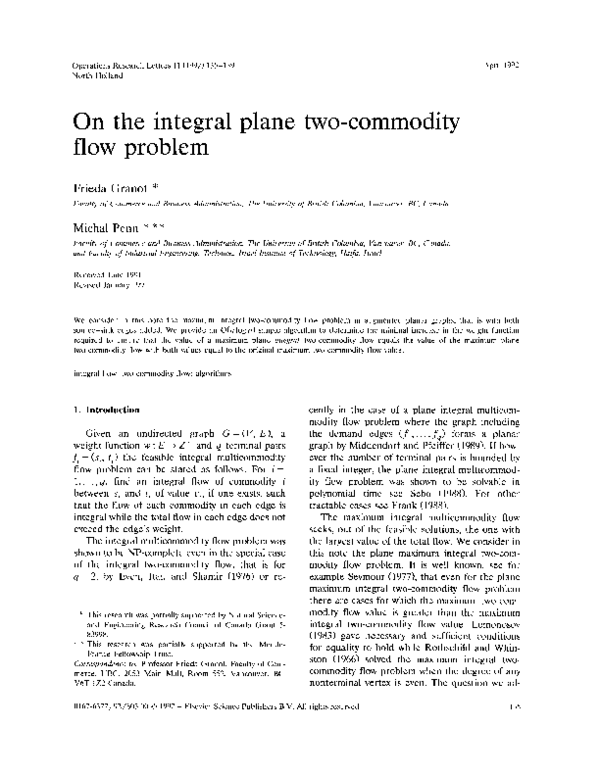 (PDF) On the integral plane two-commodity flow problem