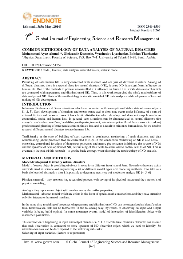 (PDF) COMMON METHODOLOGY OF DATA ANALYSIS OF NATURAL DISASTERS