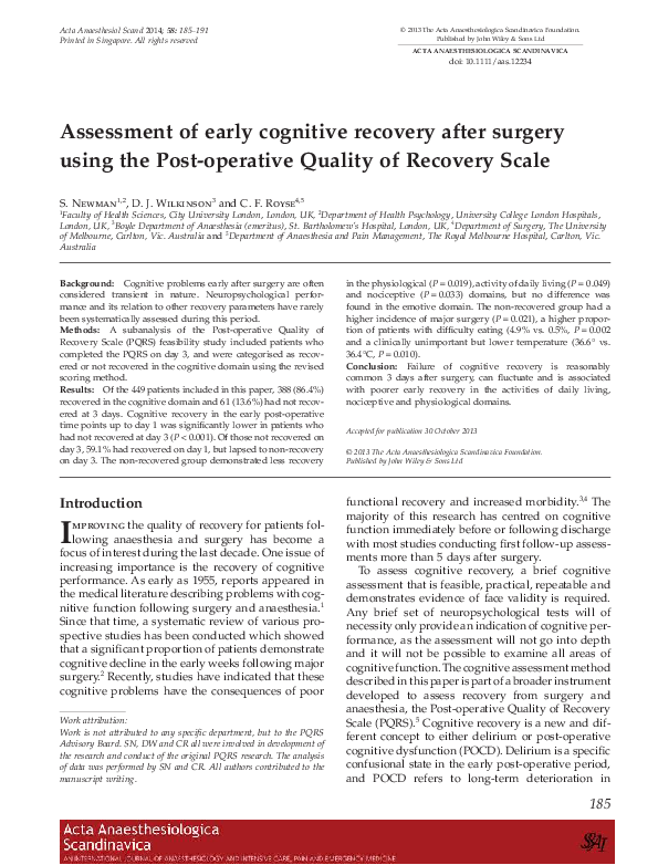 (PDF) Assessment of early cognitive recovery after surgery using the ...