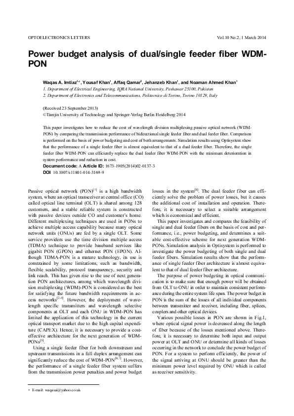 (PDF) Power budget analysis of dual/single feeder fiber WDMPON