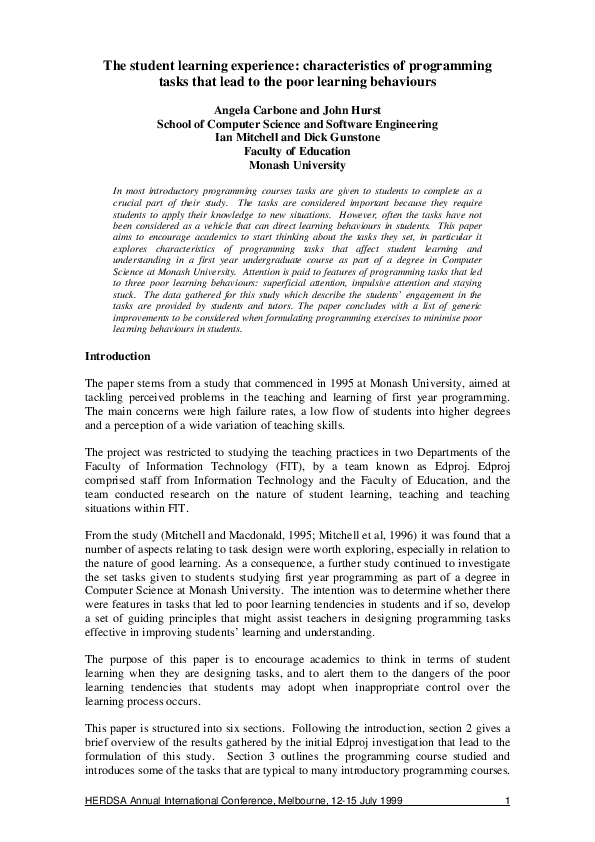 (PDF) The student learning experience: characteristics of programming ...