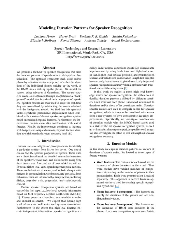 (PDF) Modeling duration patterns for speaker recognition