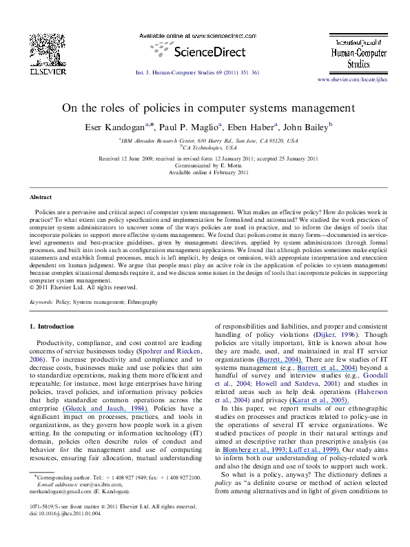 (PDF) On the roles of policies in computer systems management