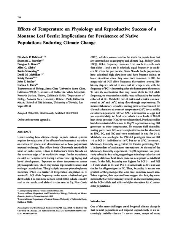 (PDF) Effects of Temperature on Physiology and Reproductive Success of ...