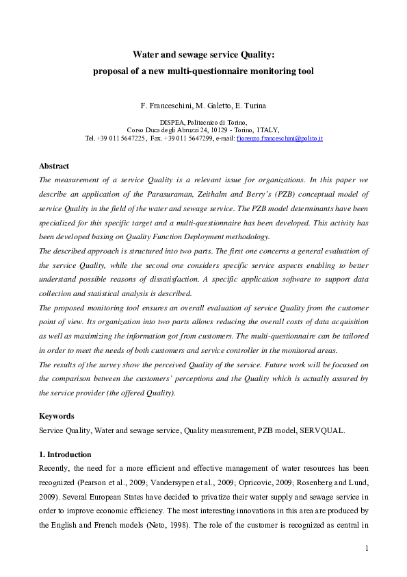 (PDF) Water and Sewage Service Quality: A Proposal of a New Multi ...