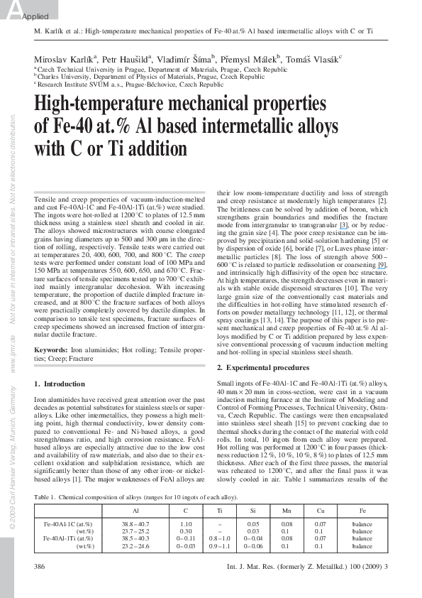 (PDF) High-temperature mechanical properties of Fe-40 at.% Al based ...