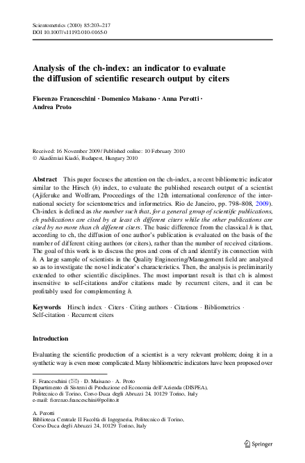 (PDF) Analysis of the ch-index: an indicator to evaluate the diffusion ...