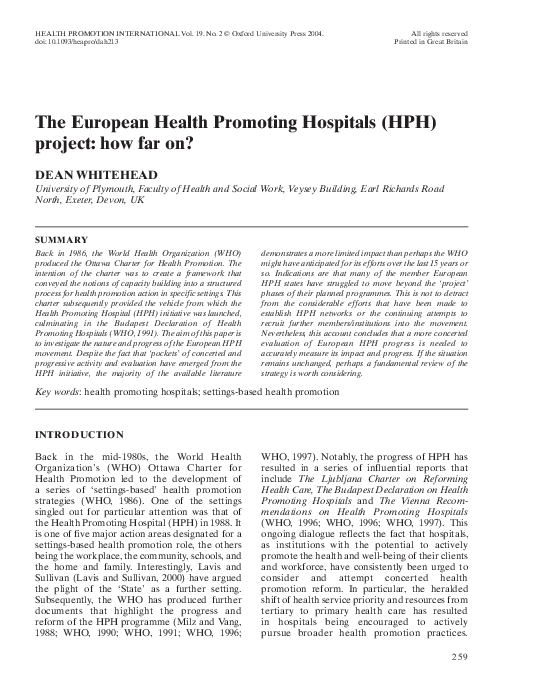 (PDF) The European Health Promoting Hospitals (HPH) Project: how far on?