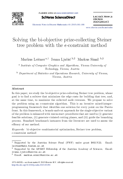Pdf Solving The Bi Objective Prize Collecting Steiner Tree Problem With The ϵ Constraint