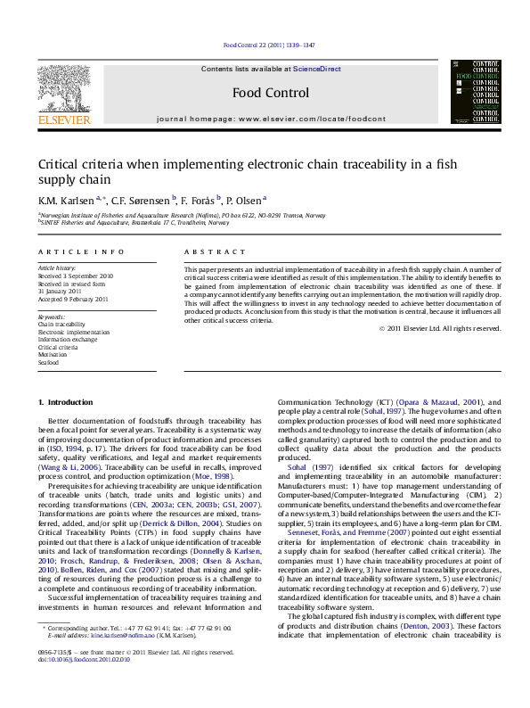 (PDF) Critical criteria when implementing electronic chain traceability ...