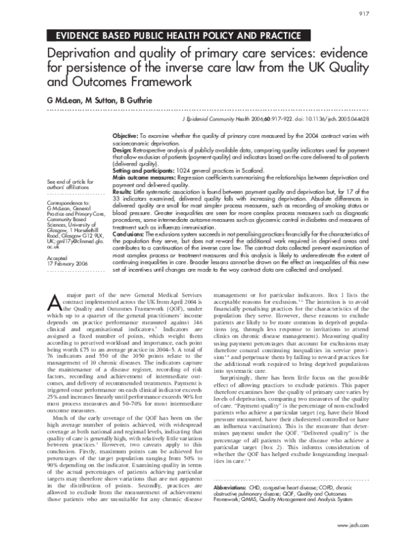 (PDF) Deprivation and quality of primary care services: evidence for ...
