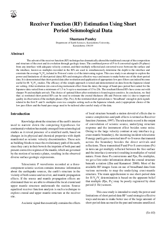 (PDF) Receiver Function (RF) Estimation Using Short Period Seismological Data