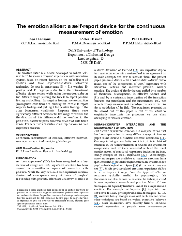 (PDF) The emotion slider: a self-report device for the continuous ...