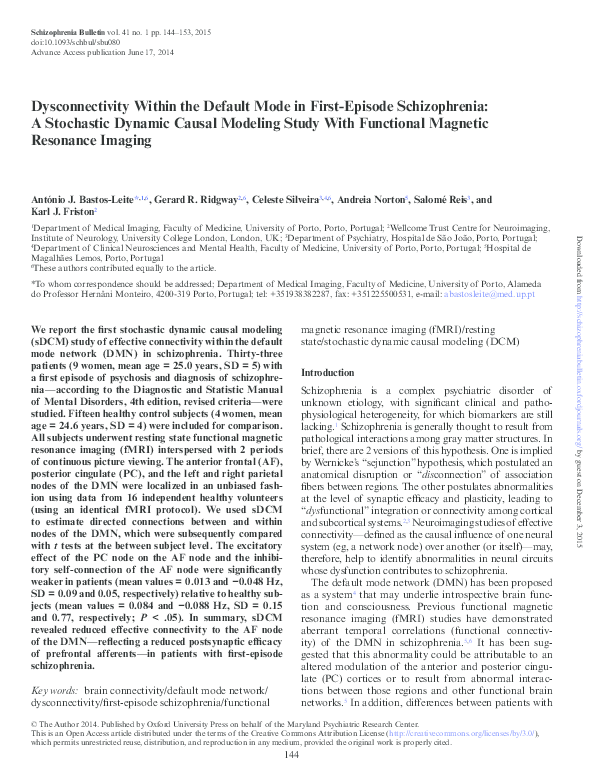 (PDF) Dysconnectivity within the default mode in first-episode schizophrenia: a stochastic ...