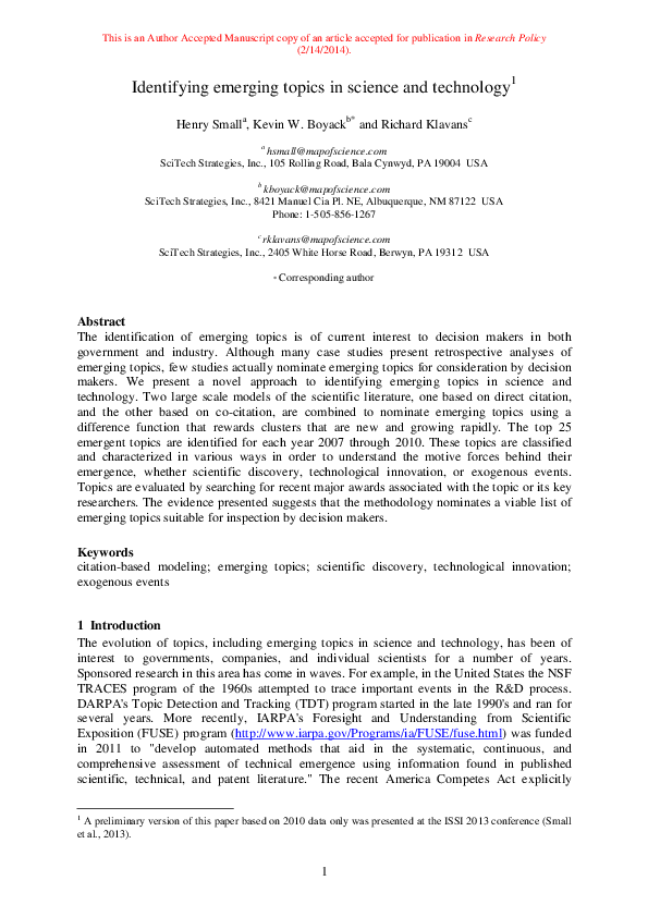 (PDF) Identifying emerging topics in science and technology