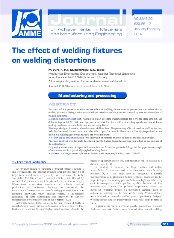 (PDF) The effect of welding fixtures on welding distortions ...