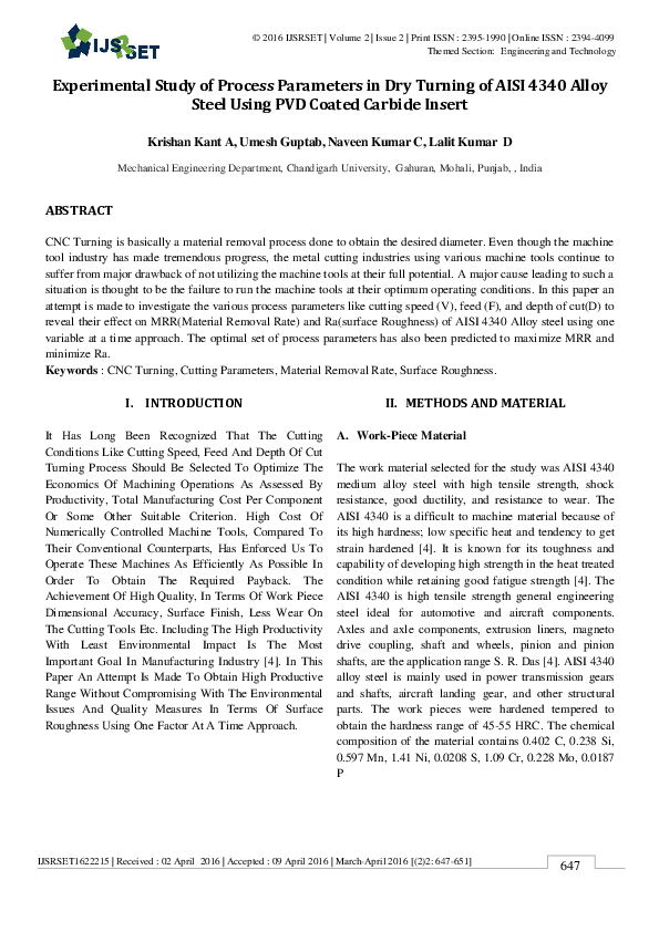 (PDF) Experimental Study of Process Parameters in Dry Turning of AISI 4340 Alloy Steel Using PVD ...