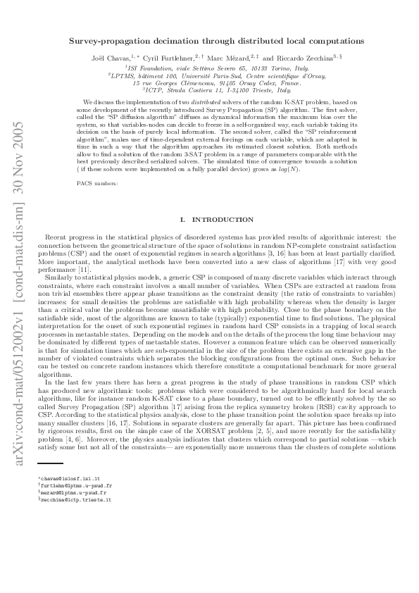Pdf Survey Propagation Decimation Through Distributed Local Computations Marc Mézard And