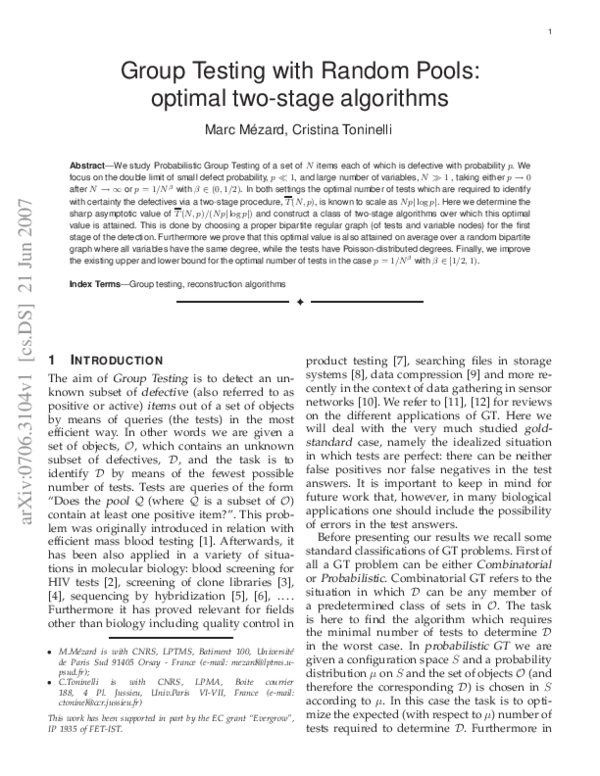 (PDF) Group Testing With Random Pools: Optimal Two-Stage Algorithms