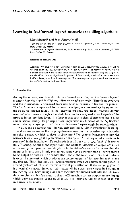 (PDF) Learning in feedforward layered networks: the tiling algorithm