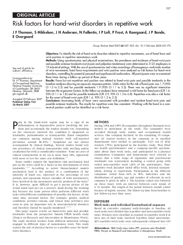 (PDF) Risk factors for hand-wrist disorders in repetitive work