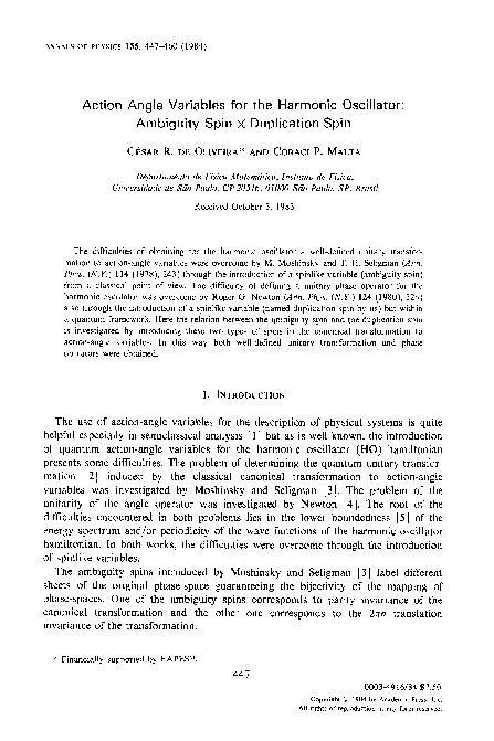 (PDF) Action-angle variables for the harmonic oscillator: Ambiguity spin × duplication spin