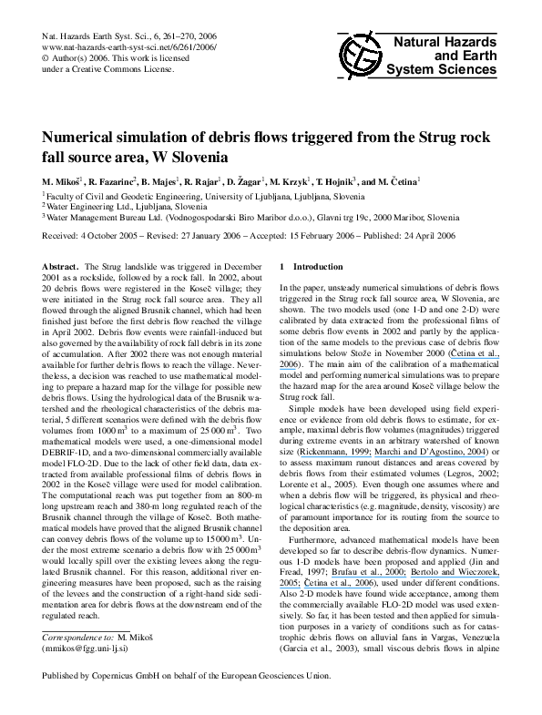 Pdf Numerical Simulation Of Debris Flows Triggered From The Strug Rock Fall Source Area W