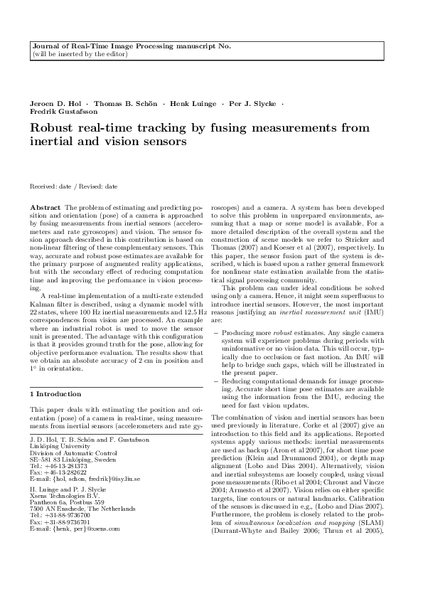 Pdf Robust Real Time Tracking By Fusing Measurements From Inertial And Vision Sensors